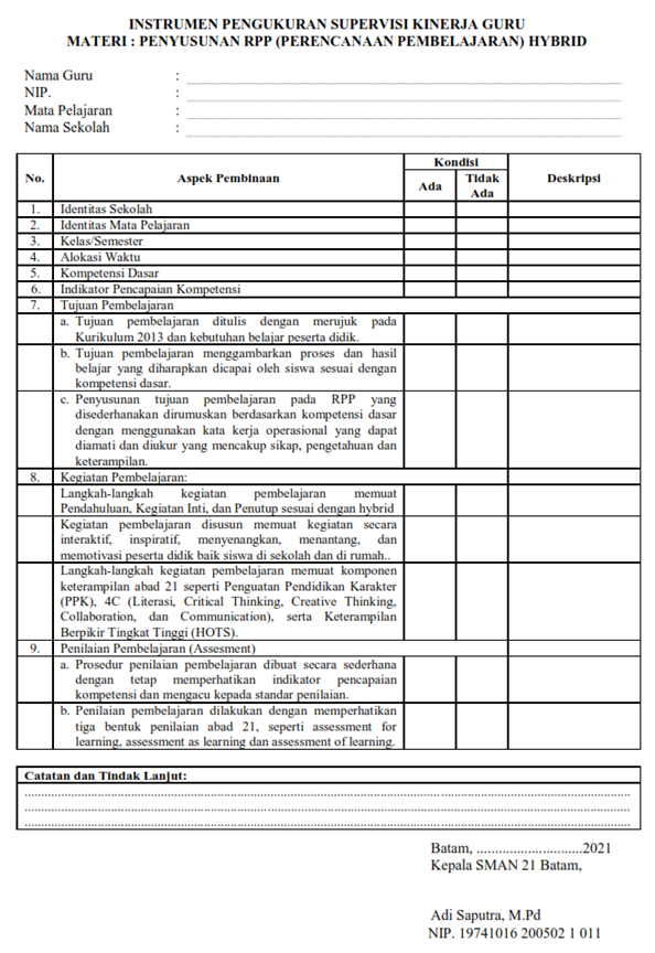 Cara dan Instrumen Supervisi Pembelajaran Tatap Muka Terbatas dengan Strategi Hybrid Learning ...