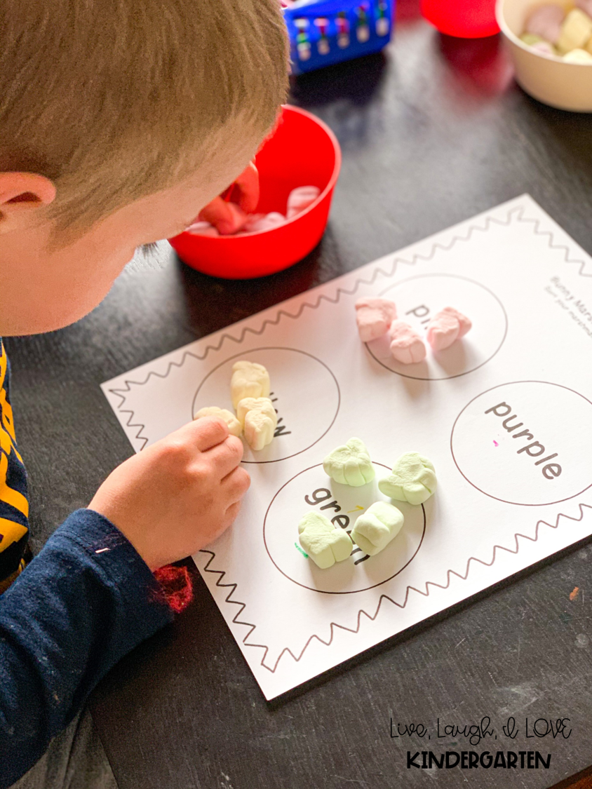 We started by sorting our marshmallows by color! There are four colors ...