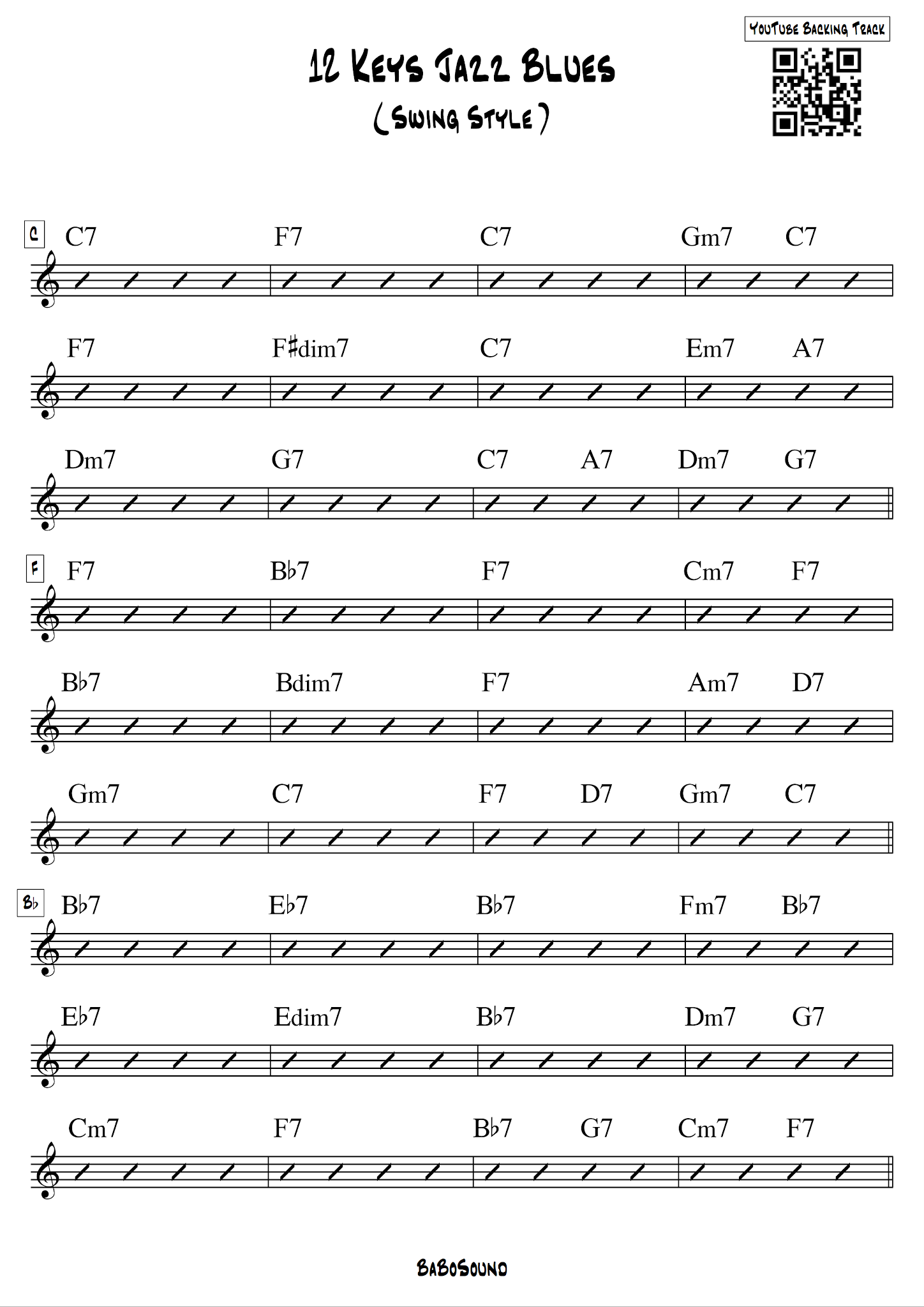 Delicious Guitar: 12 Keys Jazz Blues Lead Sheet With QR Code (Swing Style)