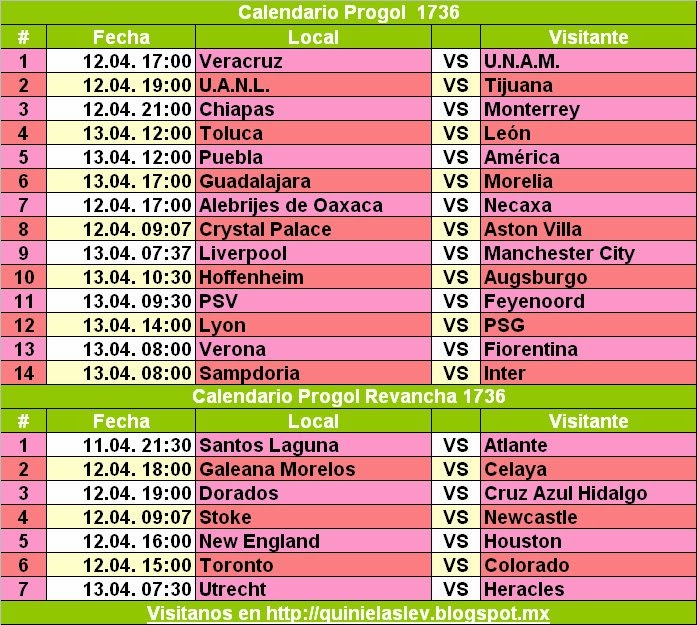 Quinielas.lev: Quiniela Progol y Revancha 1736