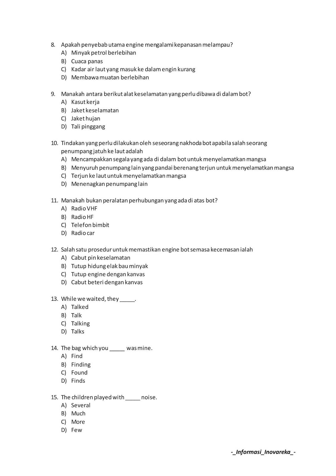 Contoh Soalan Peperiksaan SPA Pembantu Laut A19 2019