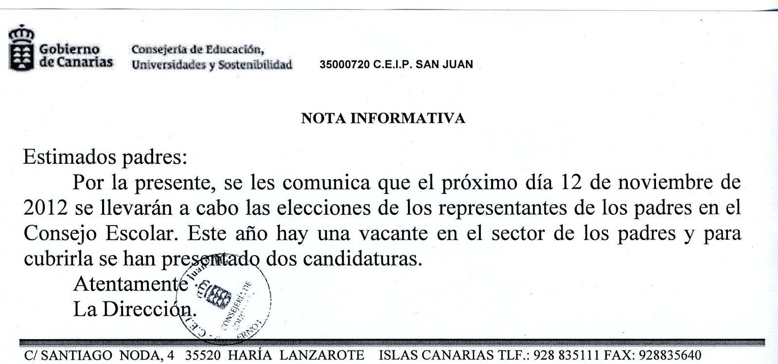 CEIP San Juan 6º Primaria: NOTA INFORMATIVA A LOS PADRES.