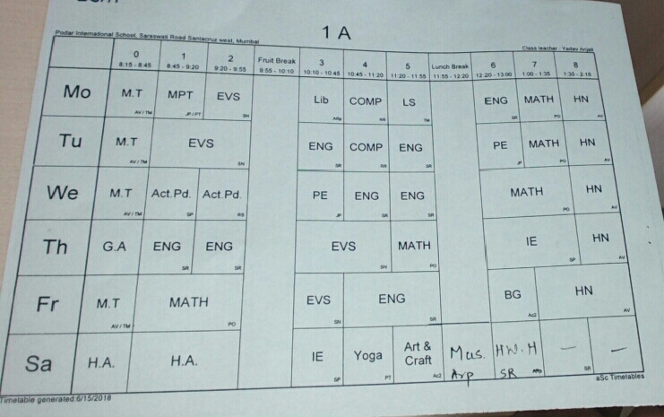 Grade -1 Podar International School, Gandhinagar : New Time-table class 1 A