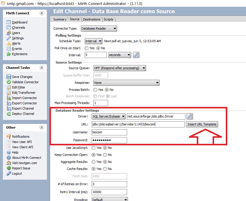 Database reader como Source en Mirth Connect