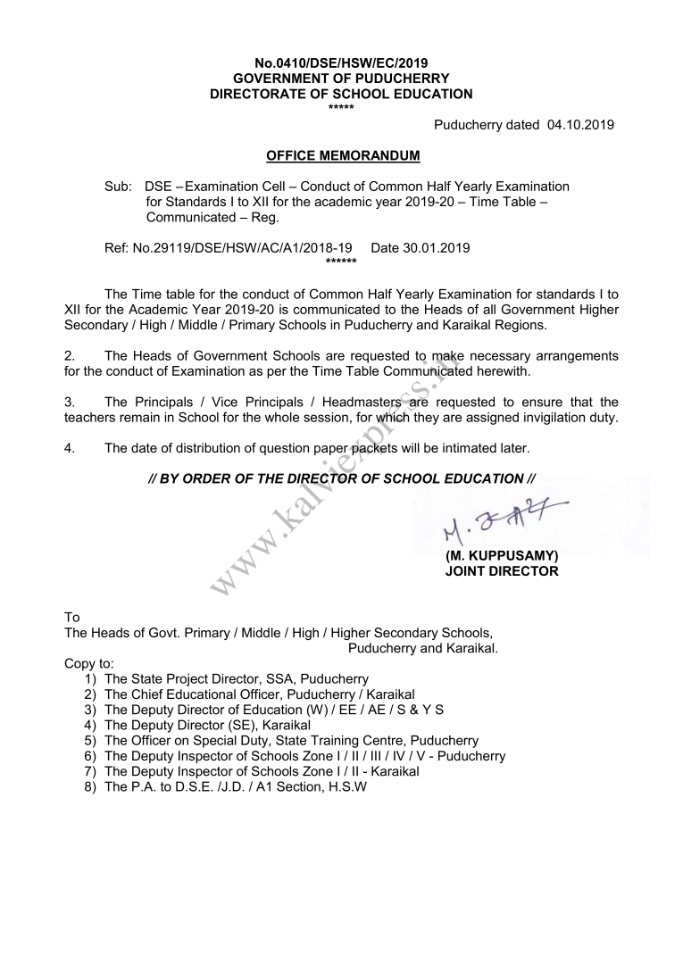 Half yearly Examination time table for standard 1 to 12 - Puducherry Half yearly Examination time table for standard 1 to 12 - Puducherry