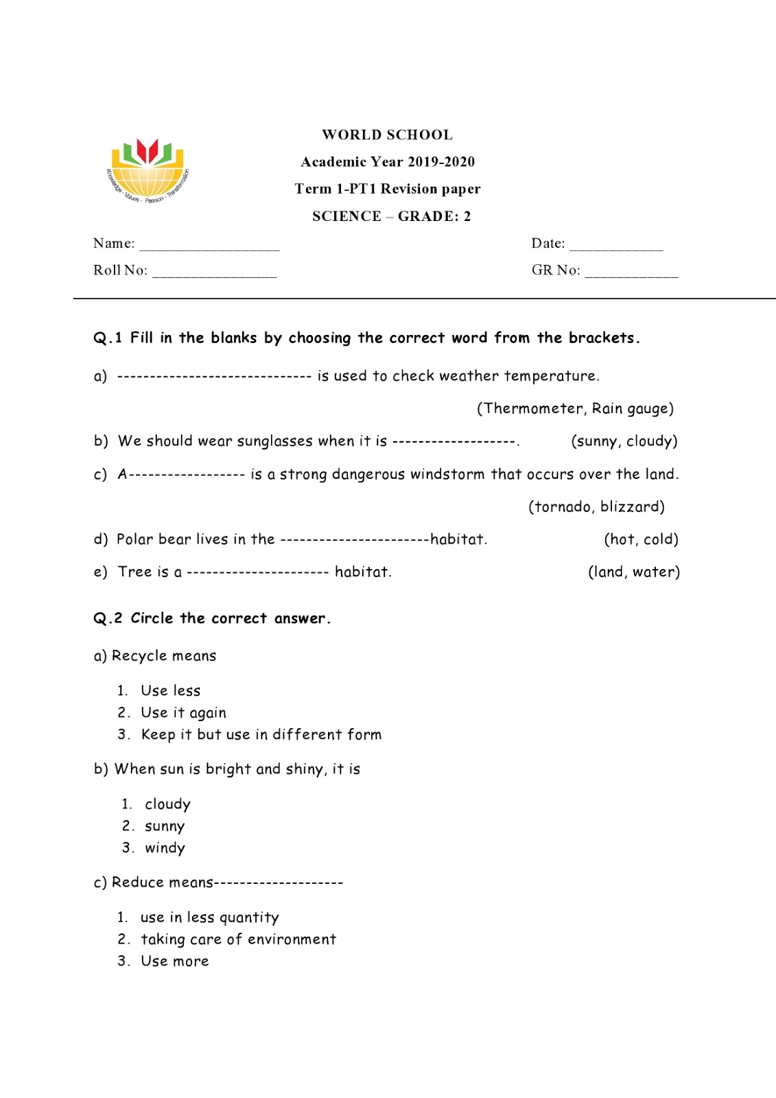 Birla World School Oman: Revision Worksheet for Grade 2 as on 02-10-2019