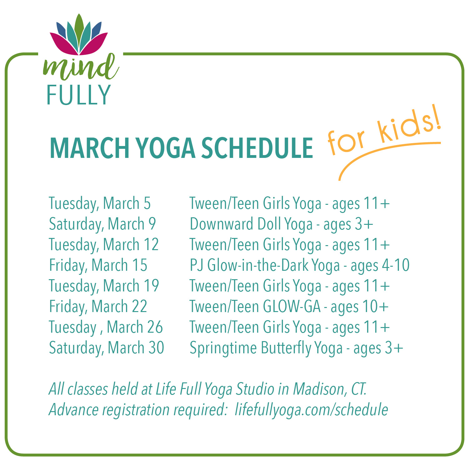 March Yoga and Mindfulness Kids Schedule