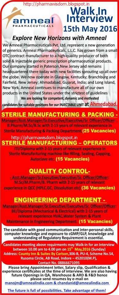 Walk-In Interview @ AMNEAL PHARMACEUTICALS on 15th May 2016 (SUNDAY ...