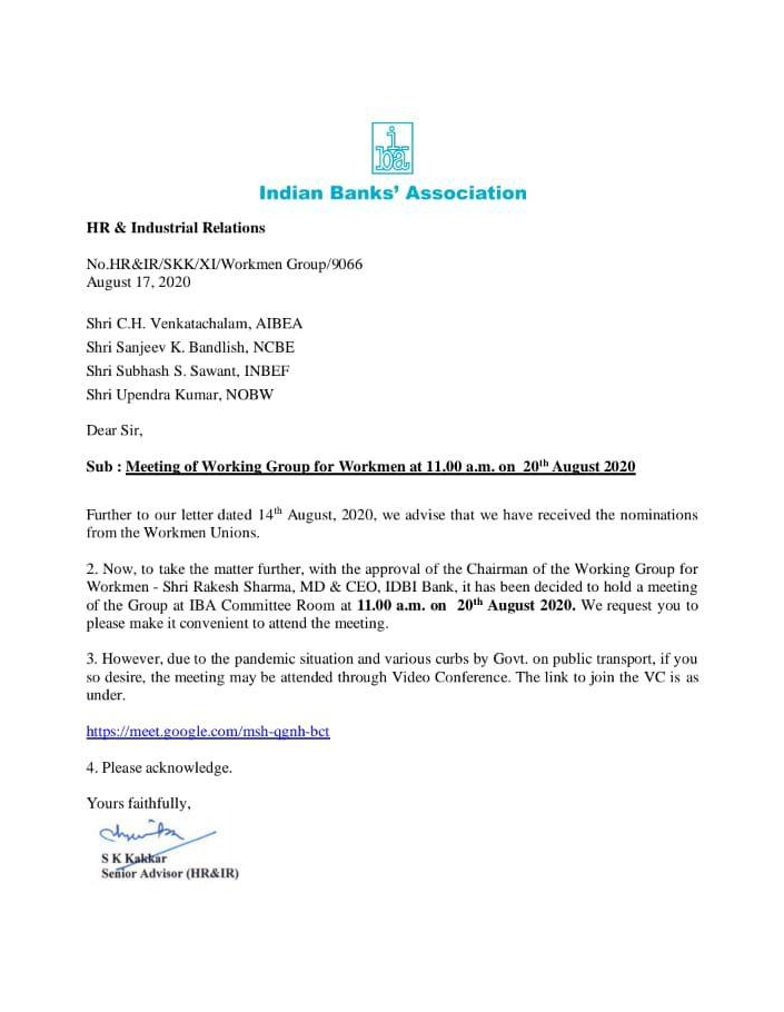 IBA issued Letter for Meeting of Working Group for Workmen on 20.08. ...