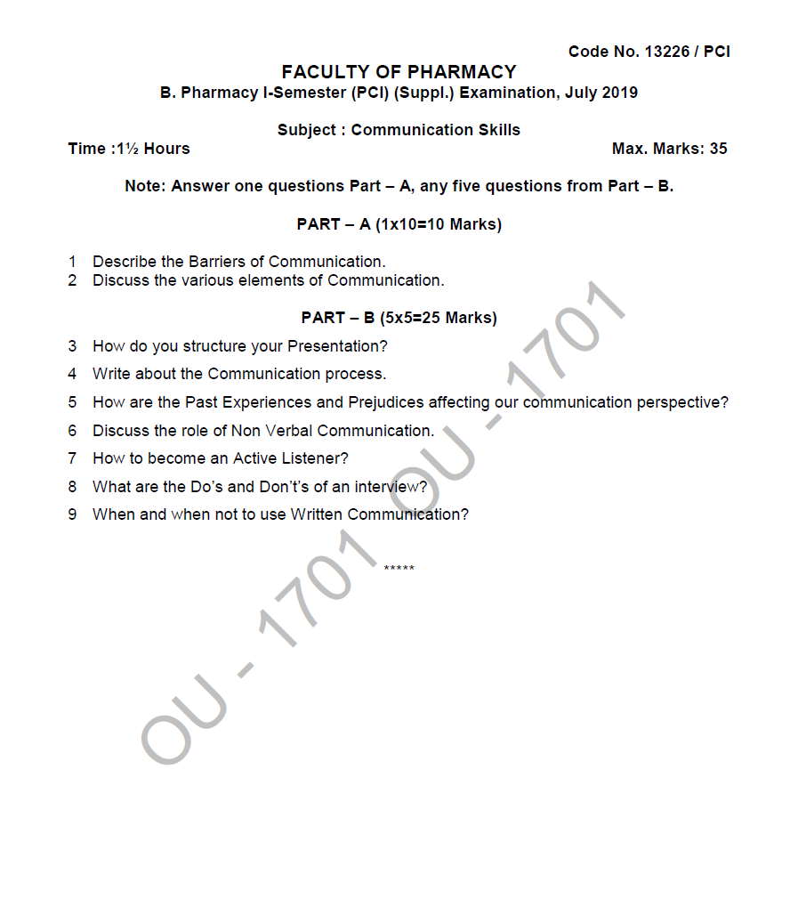 Osmania University B. Pharmacy I-Semester. (PCI) (Suppl.) Subject ...