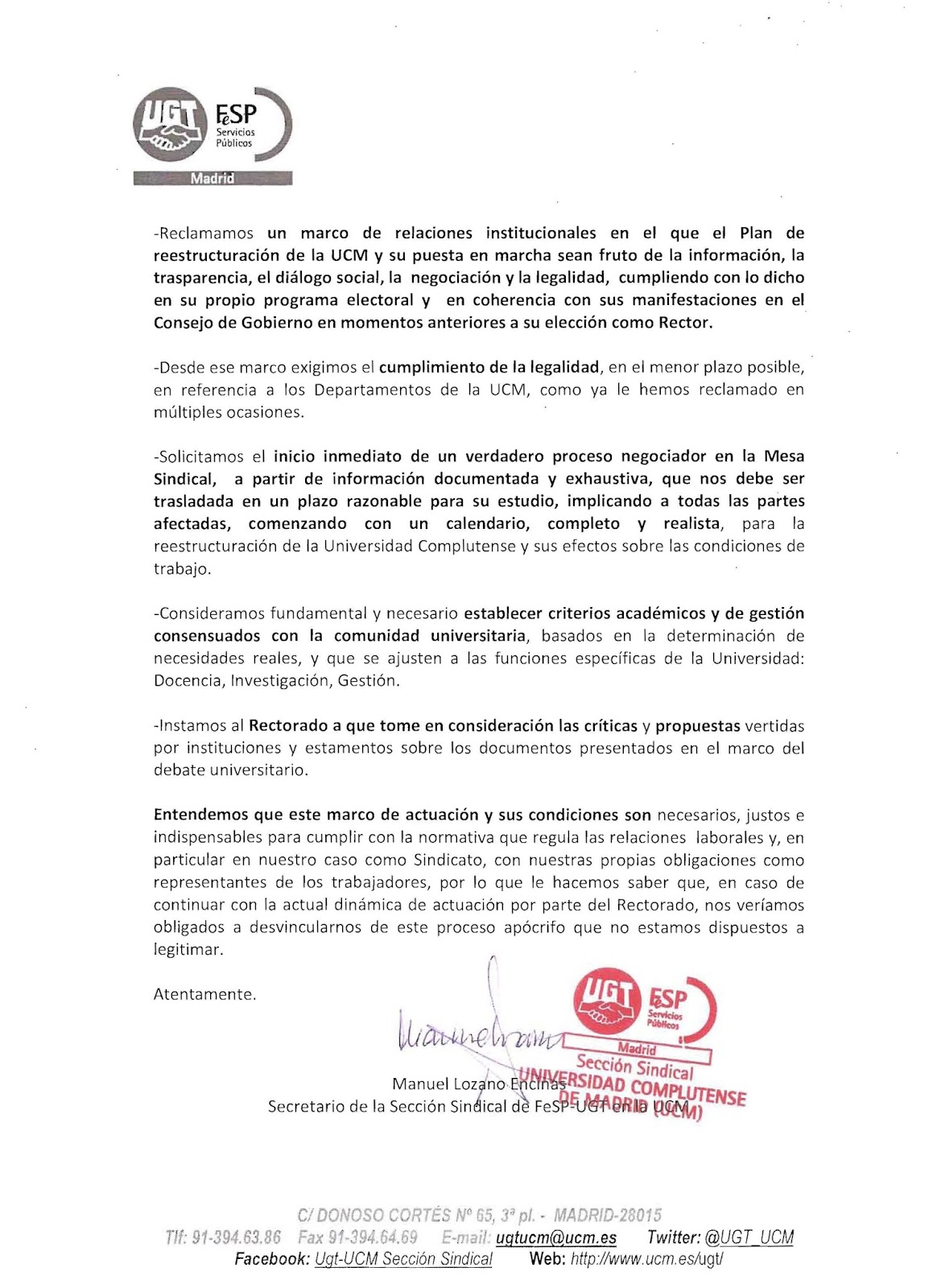 Sección Sindical de UGT en la UCM: CARTA ABIERTA AL RECTOR DE LA UCM