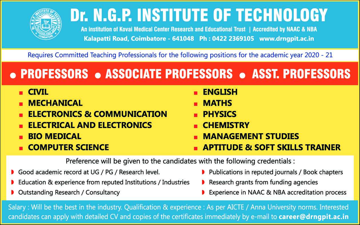 Dr. N.G.P Institute of Technology, Coimbatore, Wanted Teaching Faculty ...