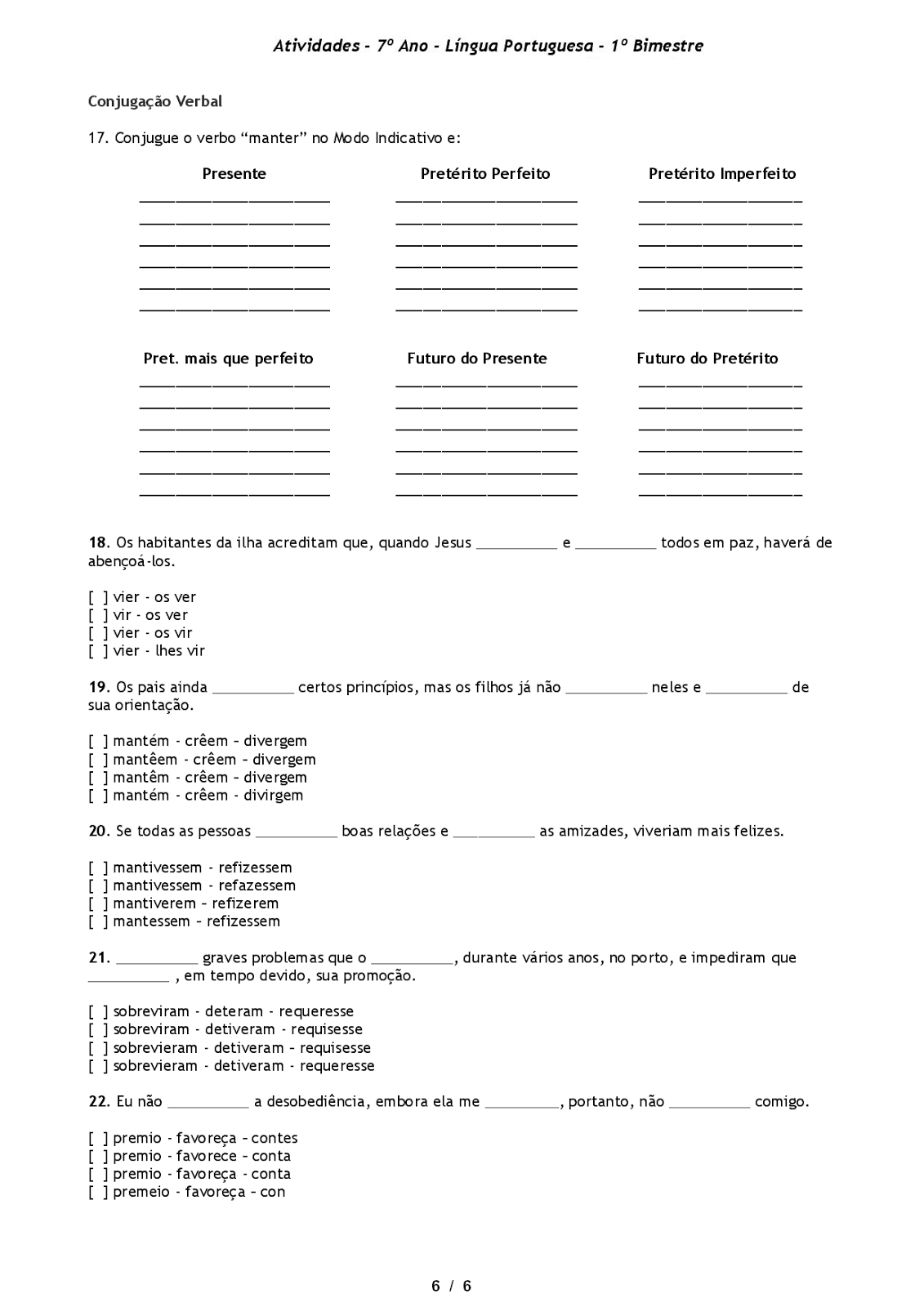 Atividade De Verbos 7 Ano - RETOEDU