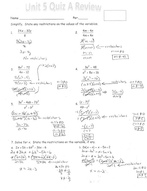 Iroquois Algebra Blog: Unit 5 Quiz A Review Sheet