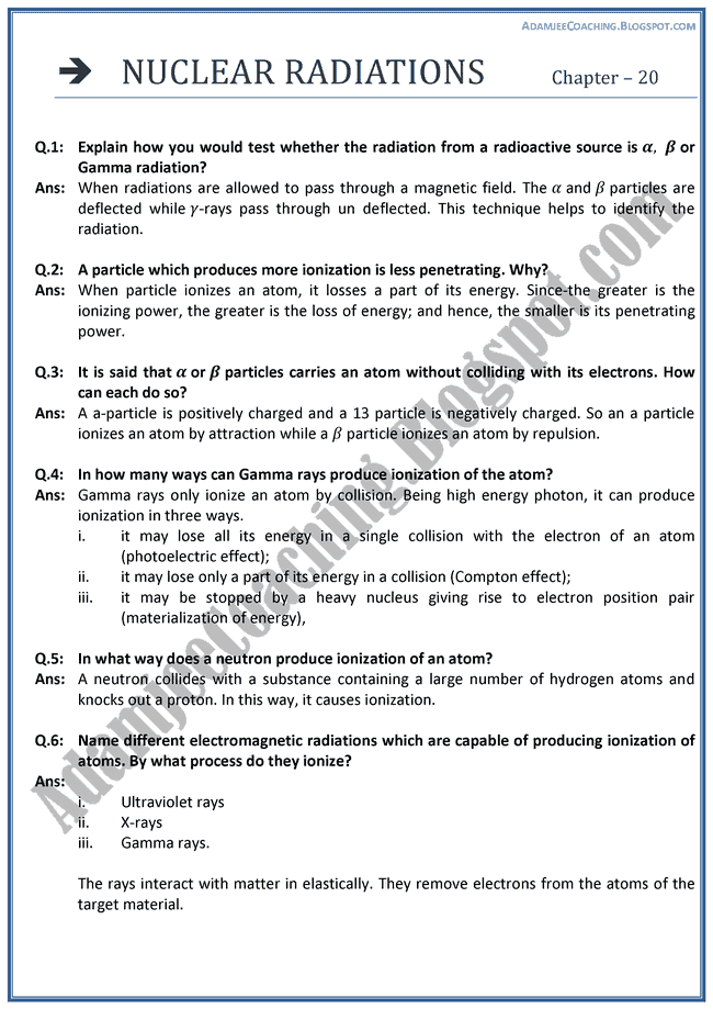 Adamjee Coaching: Nuclear Radiations - Question Answers - Physics XII
