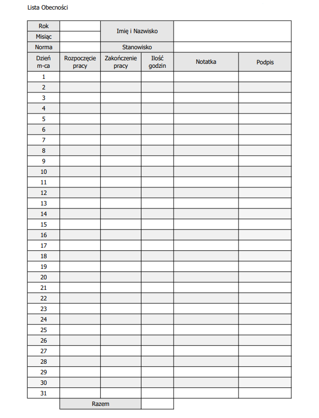 Lista obecności pracowników i plan urlopów - wzory