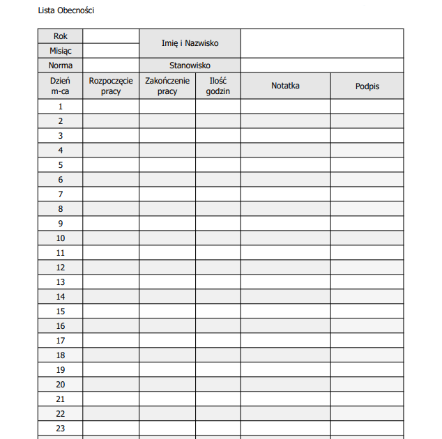 Lista obecności pracowników i plan urlopów - wzory