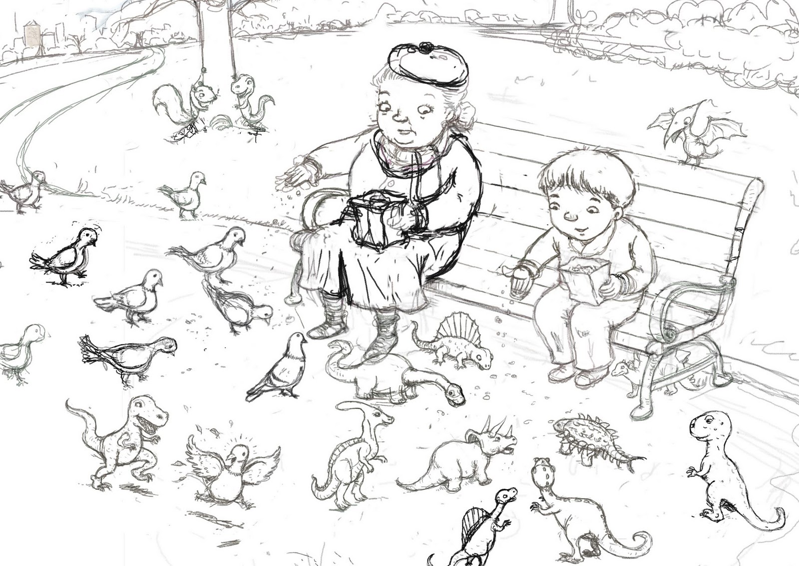 Line Drawing Park Scene Sketch Coloring Page