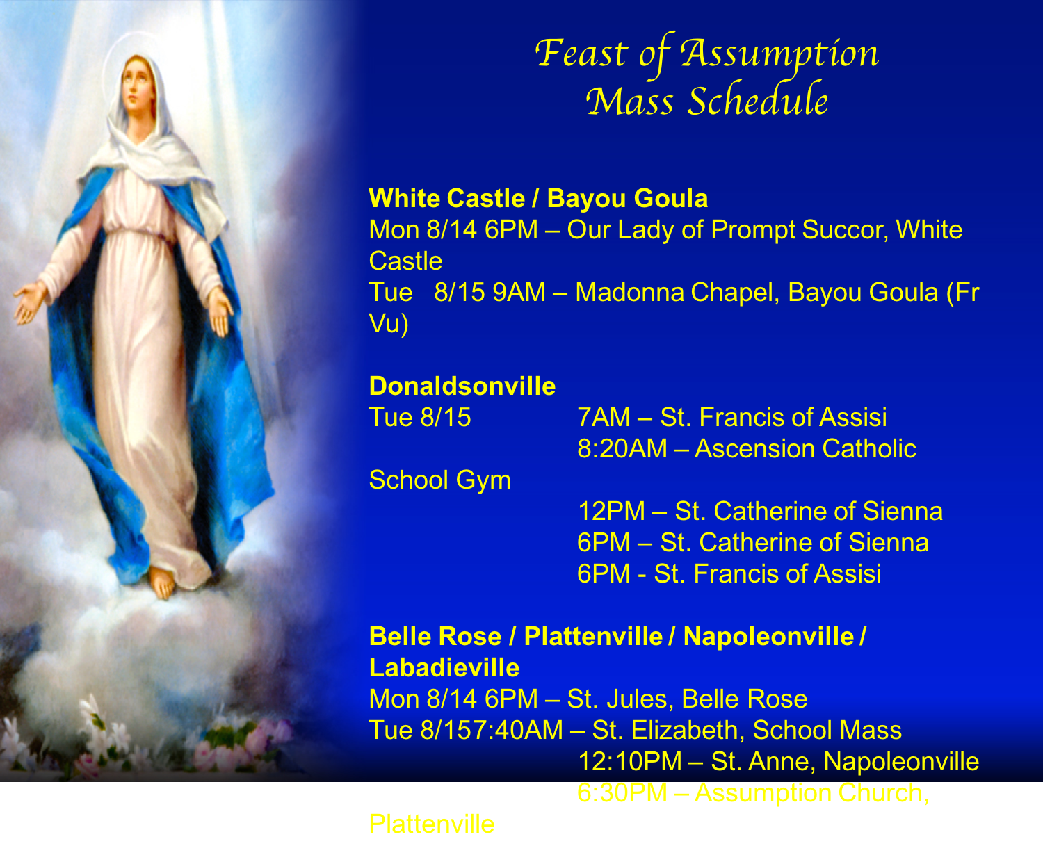 Feast of Assumption 2017 Mass Schedule in our area