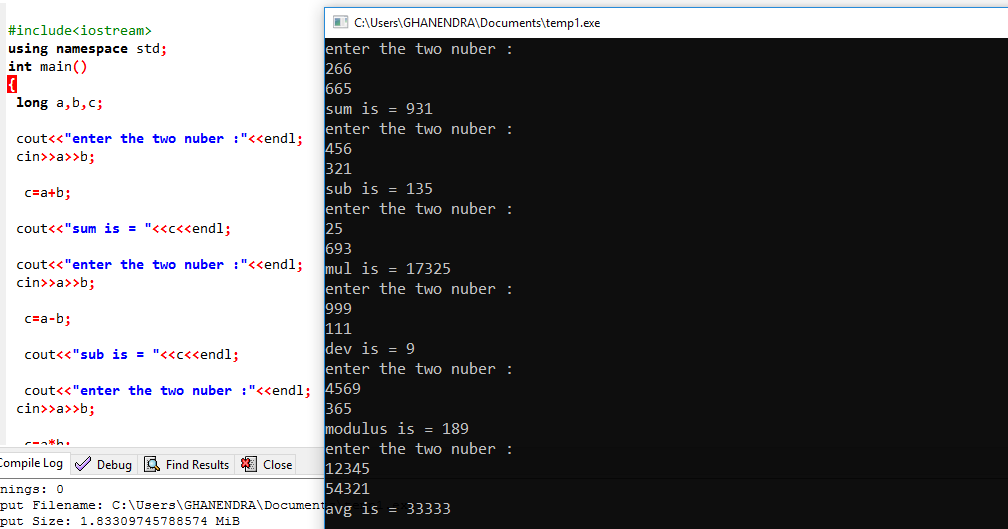 C++ Program For Addition, Subtraction, Multiply, Divide And Average