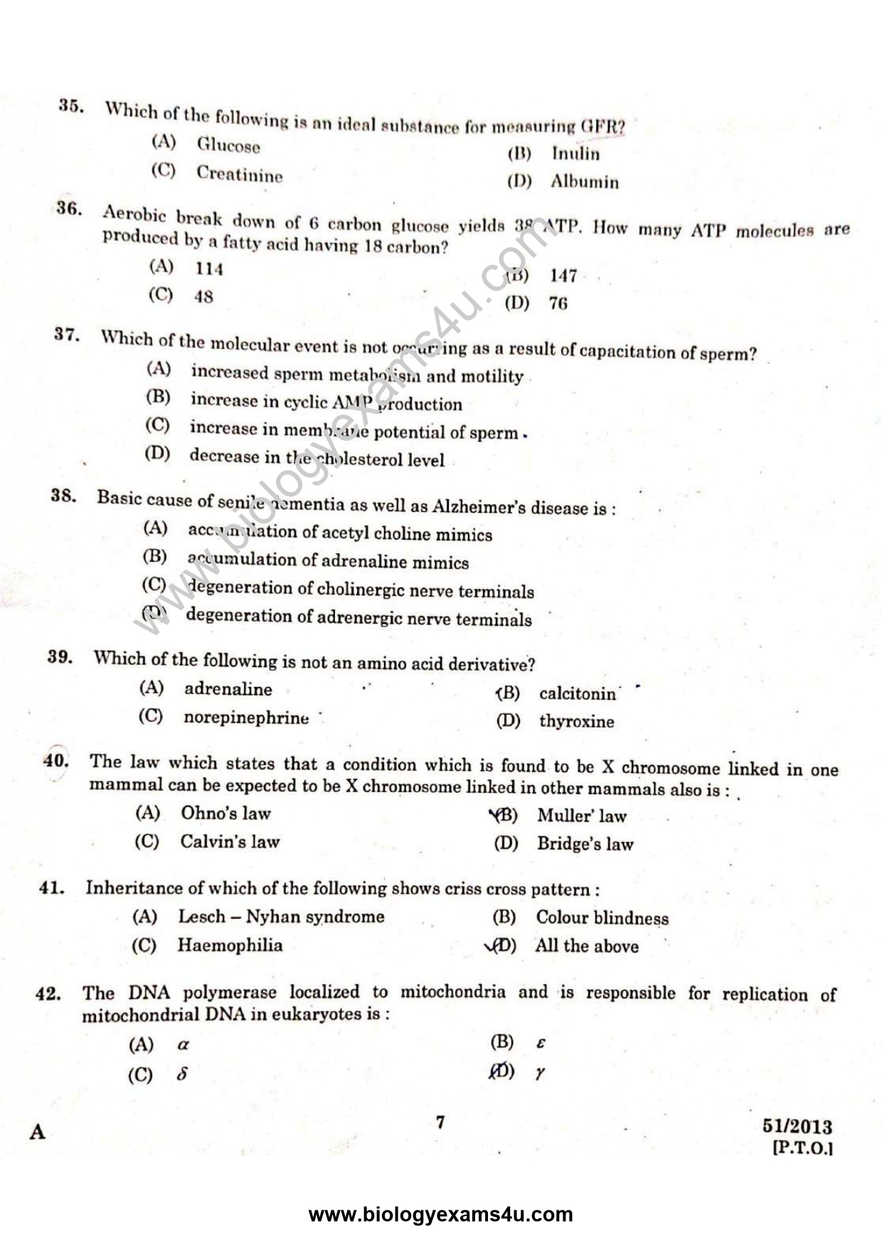 Scientific Assistant Biology - Question Paper with Answer Key -51/2013