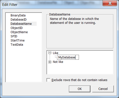 Softminer.Net: How to filter sql profiler on database name