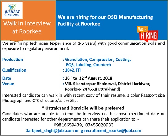 Walk in for Jubilant generics in Roorkee on 20-22nd Aug 2018