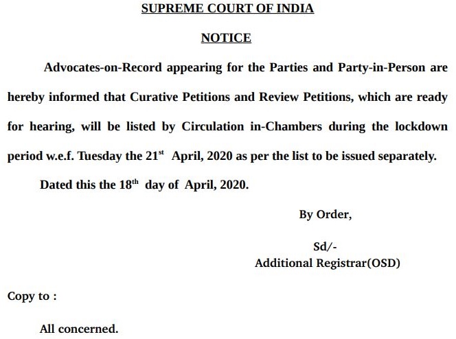 SUPREME COURT OF INDIA ISSUED NOTICE ON CASES HEARING START FROM 21 ...
