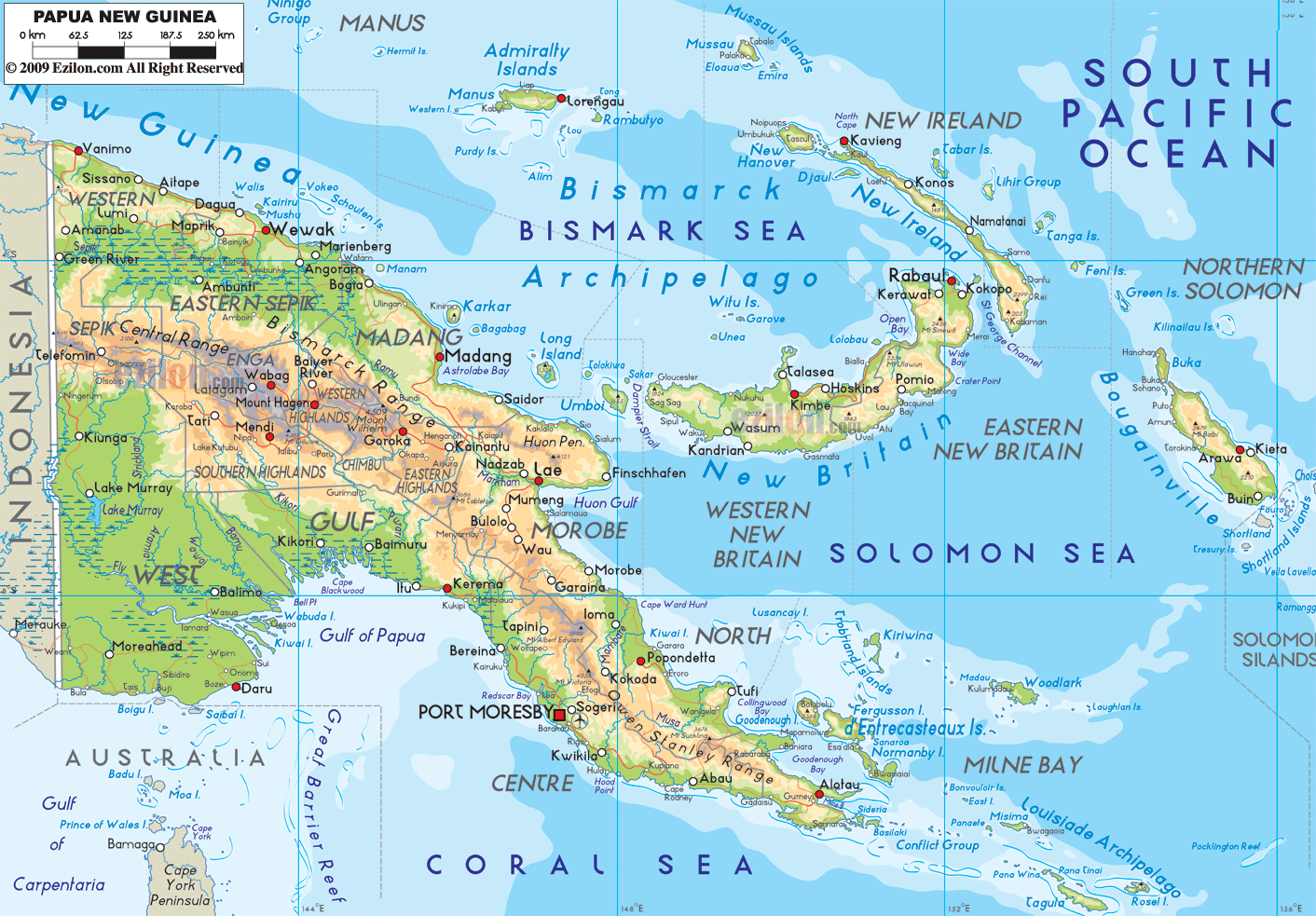 PAPUA NEW GUINEA - GEOGRAPHICAL MAPS OF PAPUA NEW GUINEA