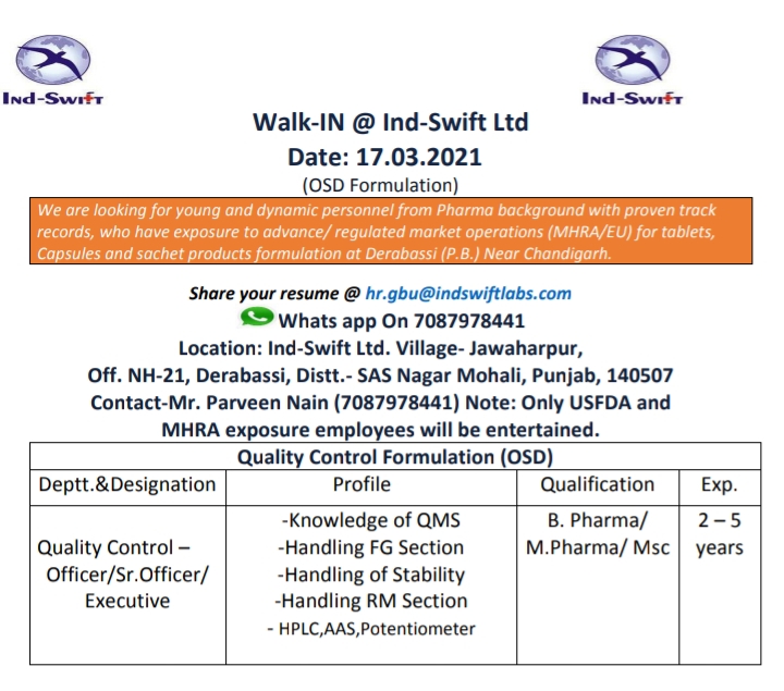 Ind-Swift Ltd - Walk-In Interviews for Quality Control on 17th Mar ...