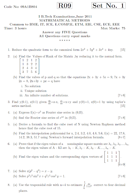 JNTUK 09A1BS04 MATHEMATICAL METHODS 2011 Question Paper - University ...