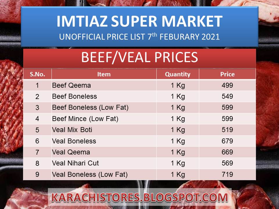 Imtiaz Super Market : Beef & Veal Meat Price List - 7th February 2021