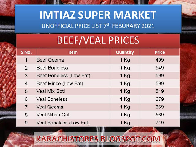 Imtiaz Super Market : Beef & Veal Meat Price List - 7th February 2021