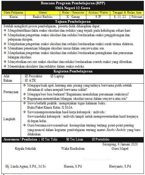 Download RPP Kimia 1 Halaman / Lembar (Kelas X : Reaksi Redoks ...