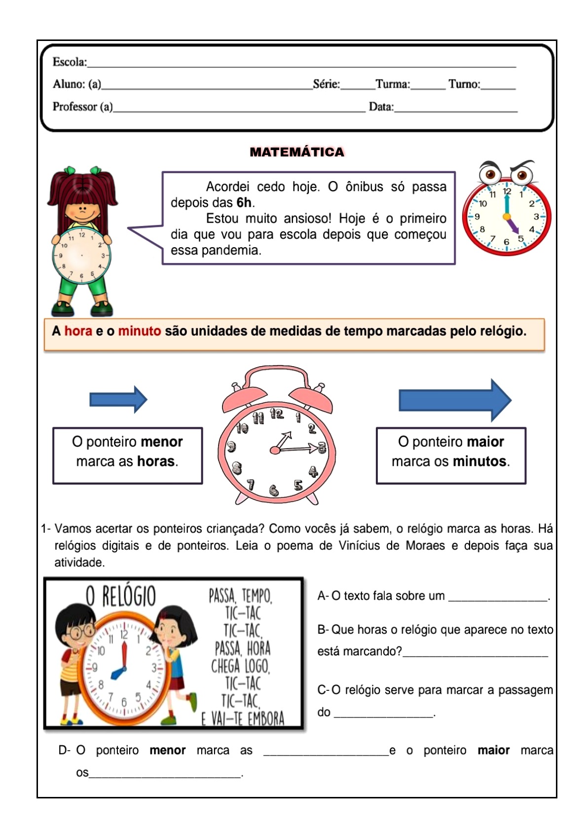 👍Matemática: horas Atividade de matemática para trabalhar as horas ...