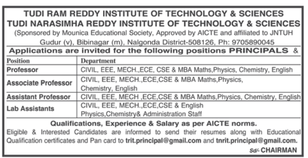 Tudi Ram Reddy Institute of Technology and Sciences, Nalgonda, Wanted ...