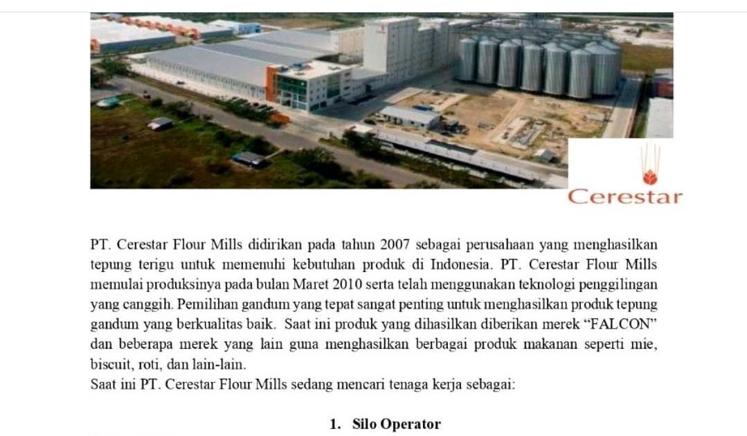 Lowongan Kerja Medan Terbaru Juni 2021 di PT Cerestar Flour Mills ...