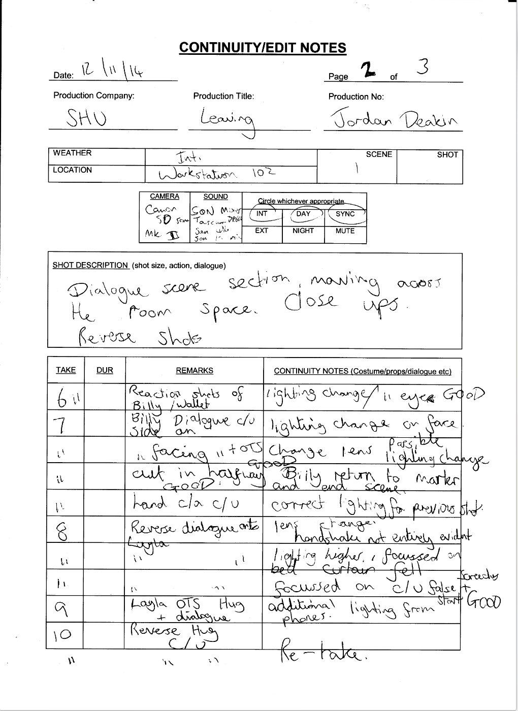 Project Development - Working with Actors: Continuity/Edit Notes
