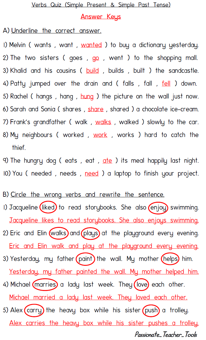 Passionate Teacher Tools: Verbs Quiz 1 (With Answers)