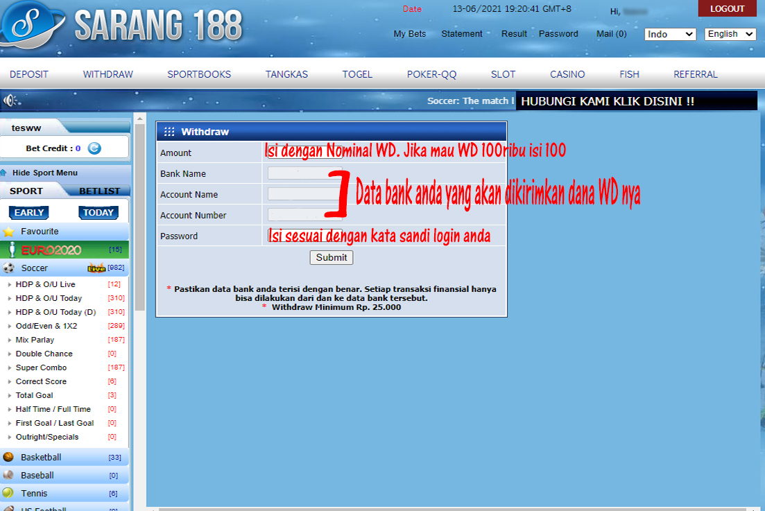 Cara Mengisi Form Deposit dan Withdraw Serta Pindah Saldo di Sarang188