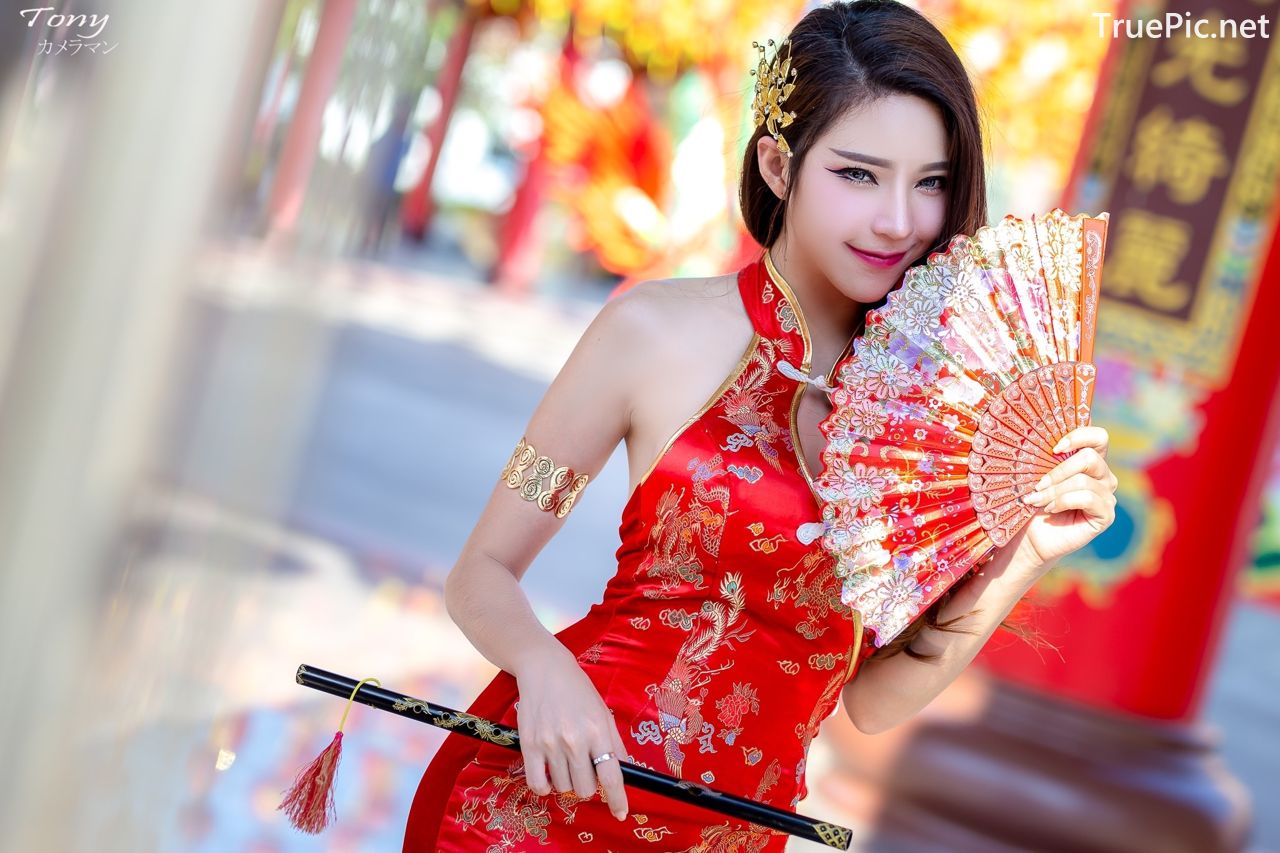 Thailand Hot Model Janet Kanokwan Saesim Sexy Chinese Girl Red Dress Traditional