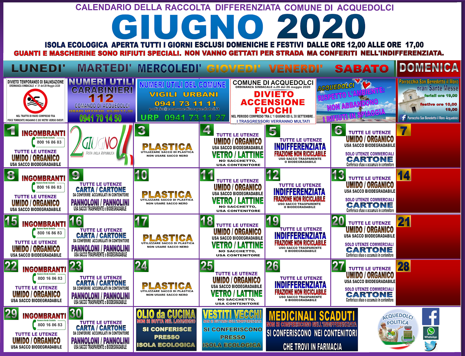 RIFIUTI: CALENDARIO DEL MESE DI GIUGNO 2020