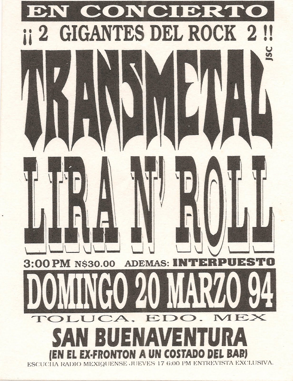 PROPAGANDAS conciertos en mexico: TRANSMETAL-LIRANROLL 20 marzo 1994