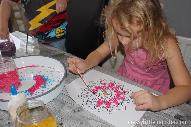 Coloured Rice Rangoli Patterns with Template - Messy Little Monster