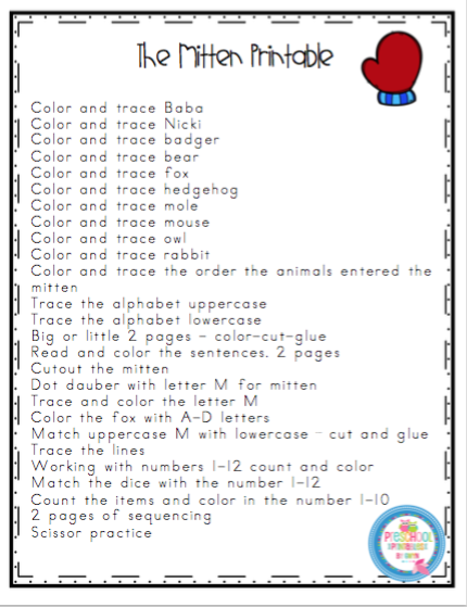 The Mitten Math and Literature Pack "No Prep" ~ Preschool Printables