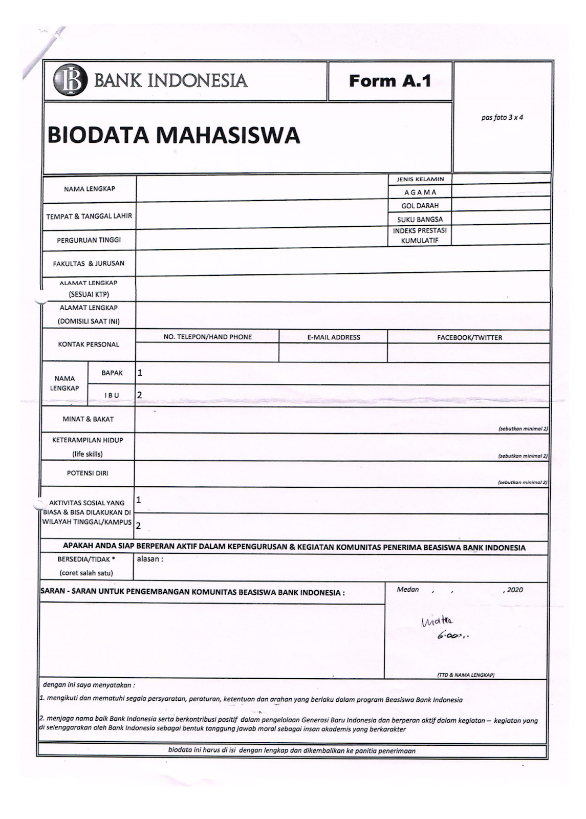 Contoh Form Biodata Beasiswa Bank Indonesia - Pojokata