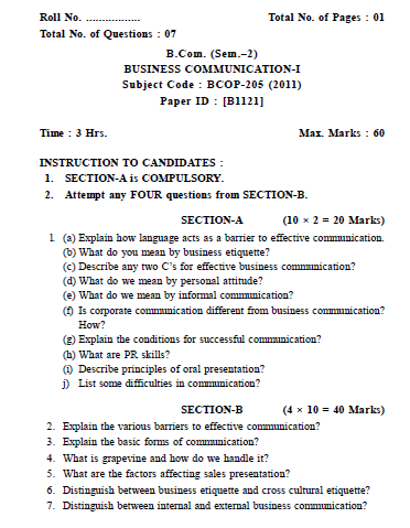 PTU BCOP-205 Business Communication-I May 2015 Question Paper ...