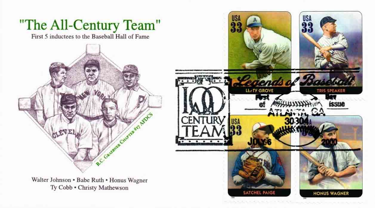 Baseball Stamps & Postmarks: Legends of Baseball : All-Century Team - 2000