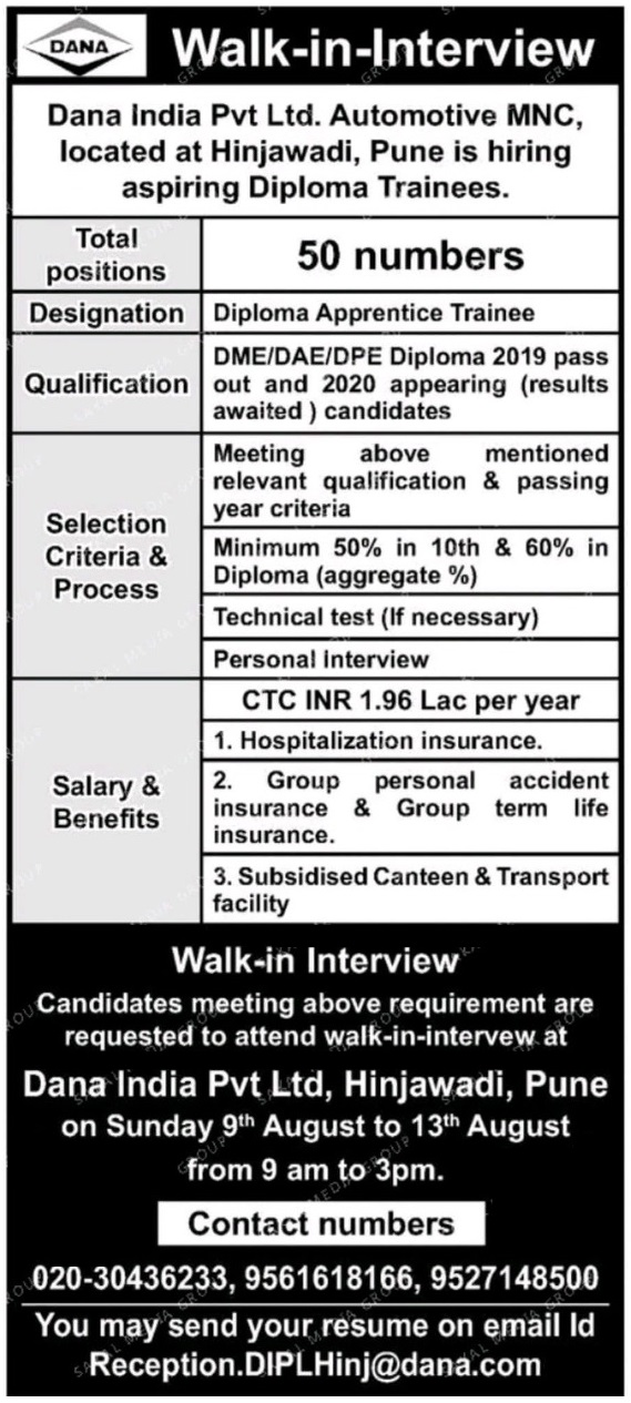 JOB ALERTS HUB: DANA INDIA PVT. LTD - Walk-In Interviews for Diploma ...