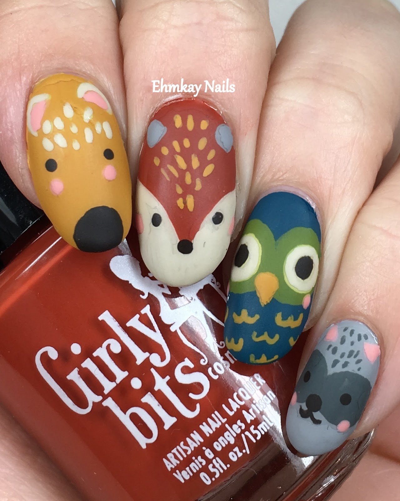 ehmkay nails: Woodland Creatures Nail Art with Girly Bits Autumn Cremes
